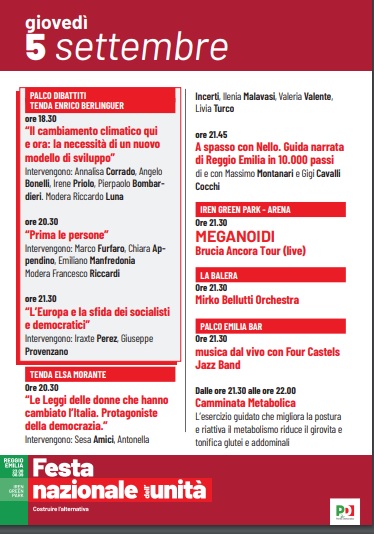 Reggio Emilia Festa nazionale Unità Costruire l’alternativa: programma 8 settembre